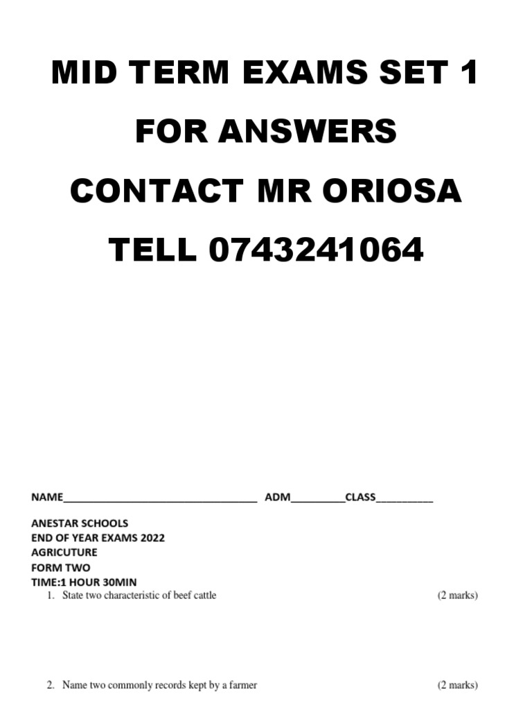 Mid Term Exams Form 2 Set 1 | PDF | Density | Liquids