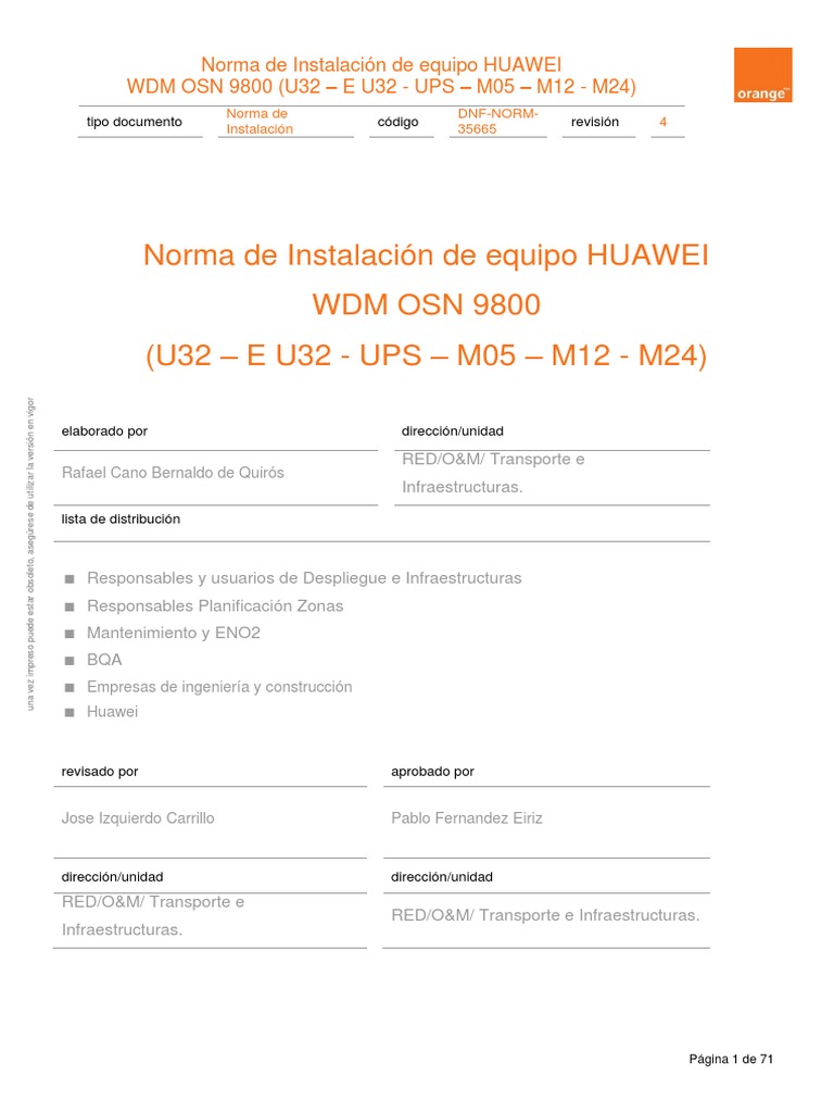 Norma de Instalación para el Equipo Huawei WDM OSN 9800 (Modelos U32, E ...