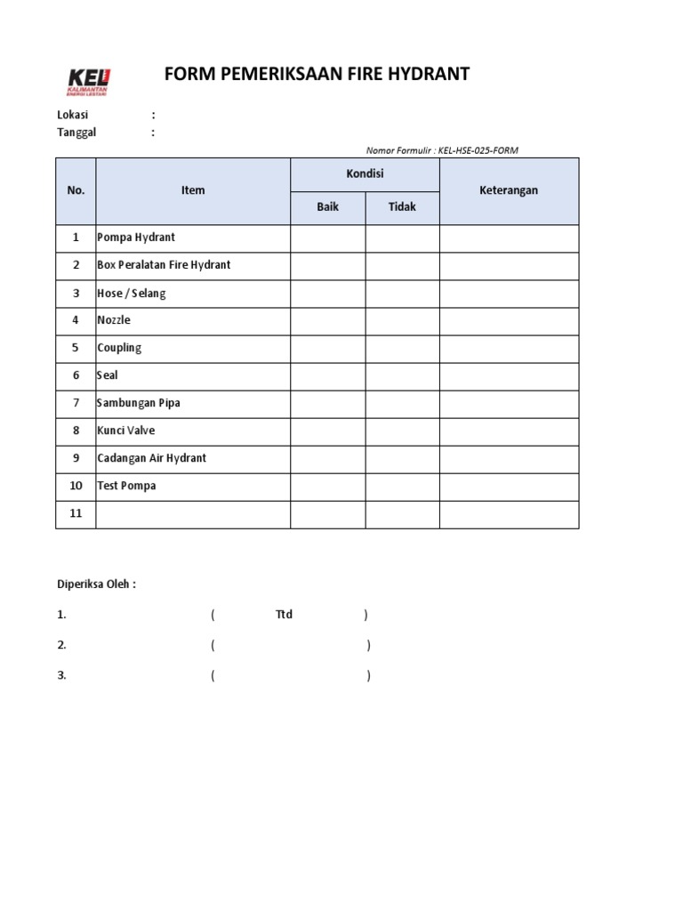 KEL-HSE-025-FORM - Form Pemeriksaan Fire Hydrant | PDF