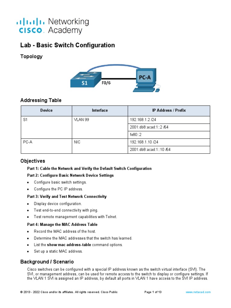 Lab 1.1 - 1.1.7 Lab - Basic Switch Configuration | PDF | Ip Address | I Pv6