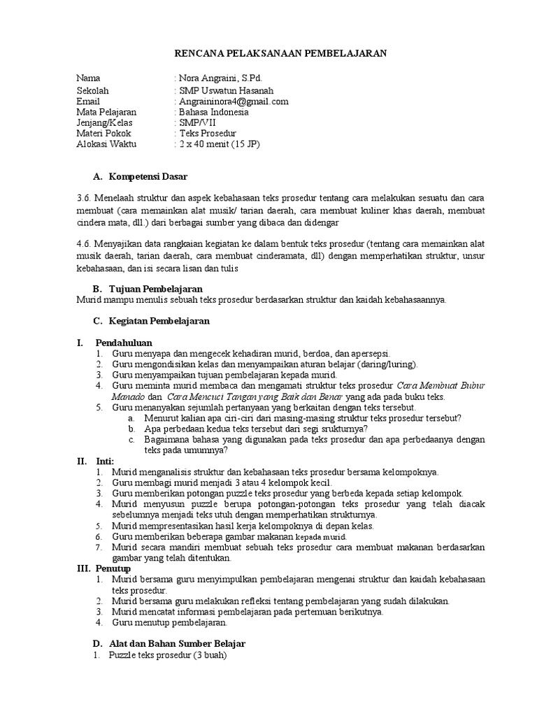 RPP 1 LEMBAR - Bindo Kelas 7 - KD 3.6 | PDF