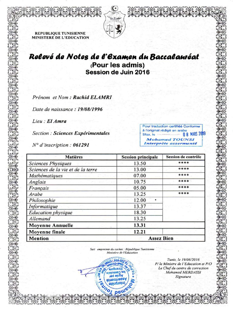Relevé de Notes de L'examen Du Baccalauréat-Compressé | PDF