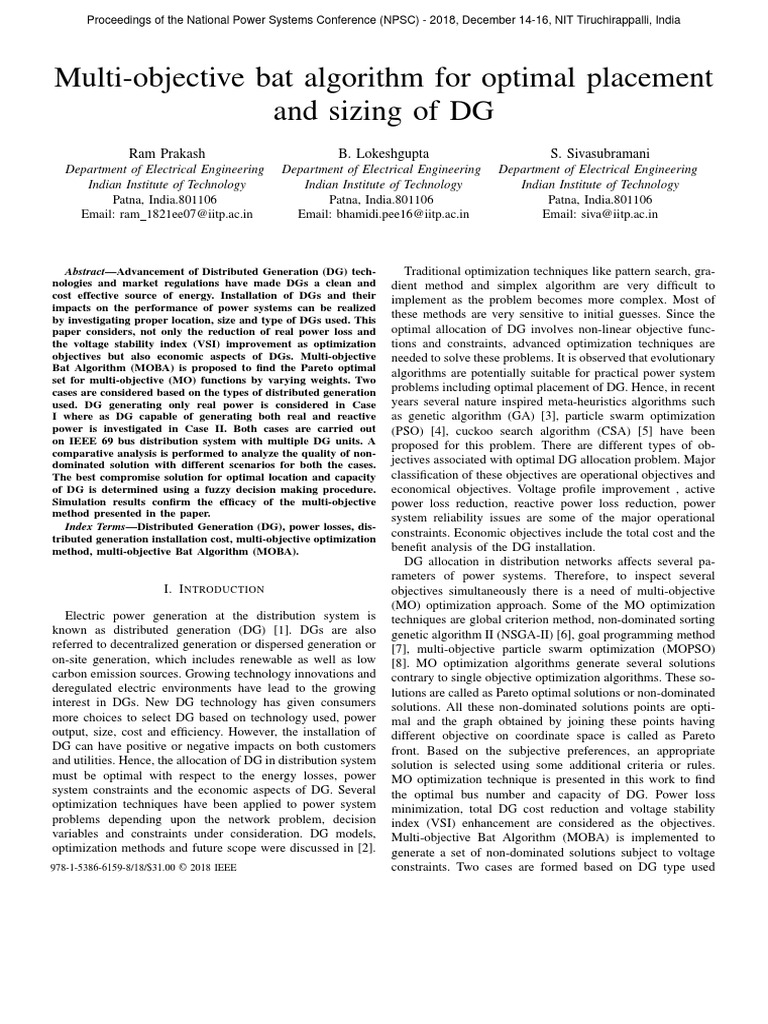 Multi Objective Bat Algorithm For Optimal Placement And Sizing Of Dg 2295