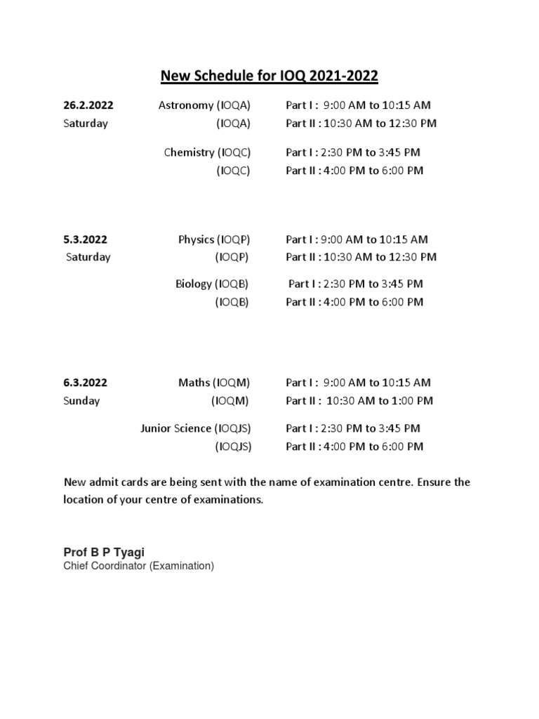 New Schedule For Ioq 2021 22 | PDF | Technology & Engineering