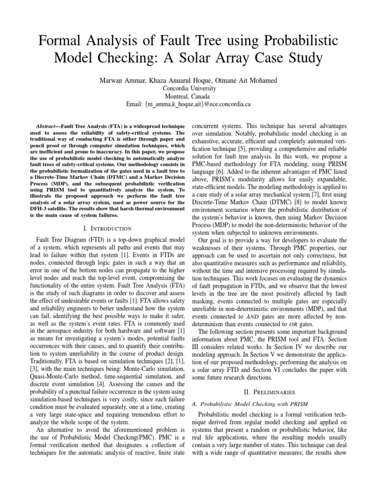 Formal Analysis of Fault Tree using Probabilistic Model Checking for Solar Array Reliability ...