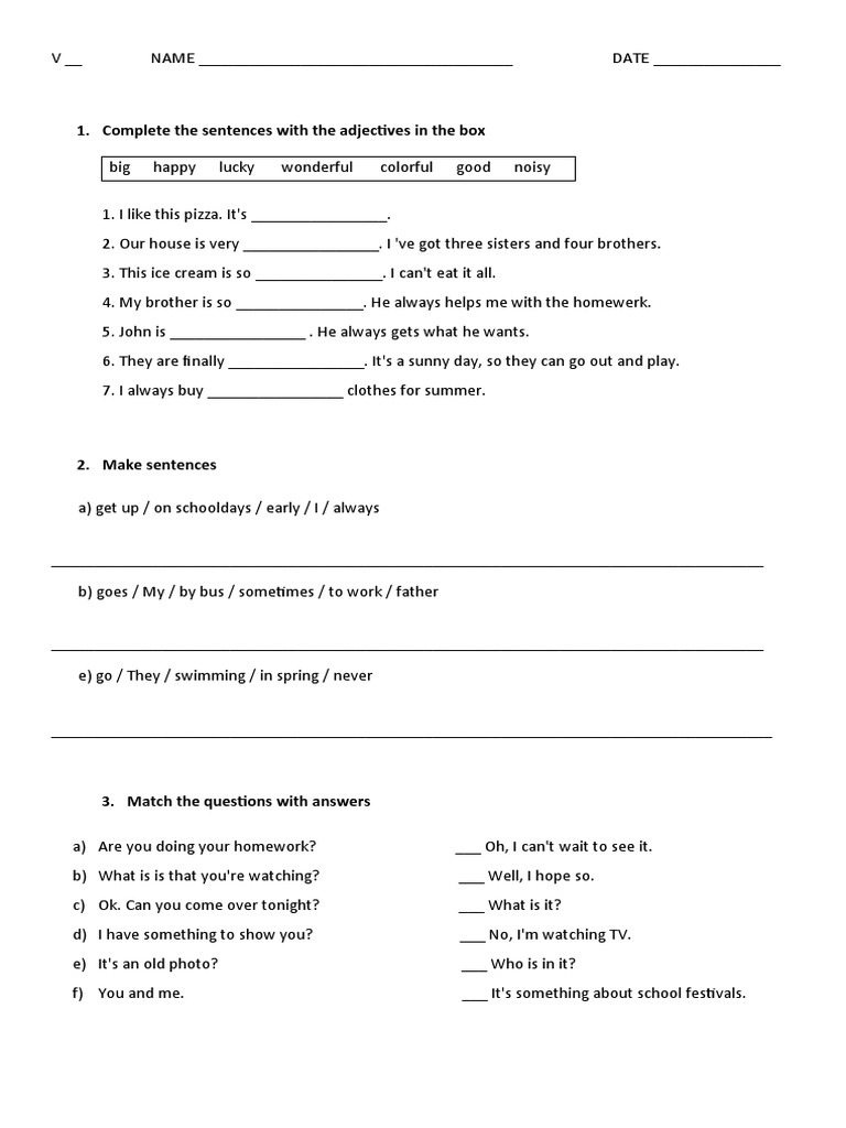 Adjective and Sentence Practice Worksheet | PDF