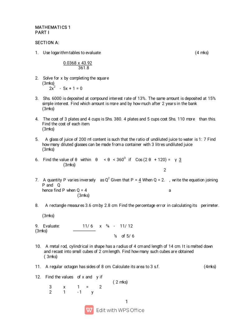Mathematics Paper 1 Part 1 Questions & Answers O'Level | PDF