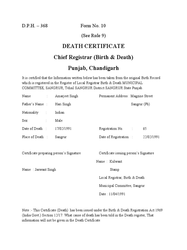 Death Certificate Chief Registrar (Birth & Death) Punjab, Chandigarh | PDF