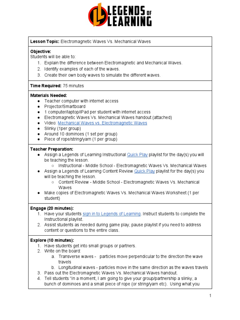 Lesson Topic: Objective:: Mechanical Waves vs. Electromagnetic Waves ...
