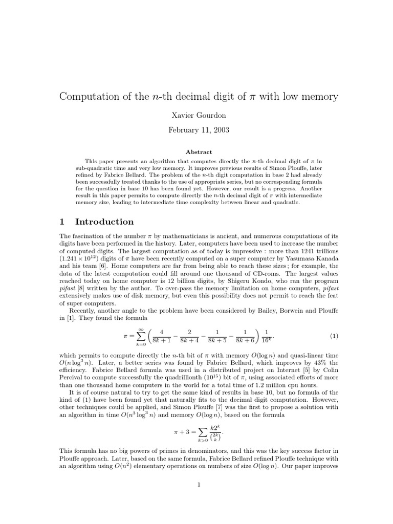 Computation of the n-th decimal digit of π with low memory: Xavier ...