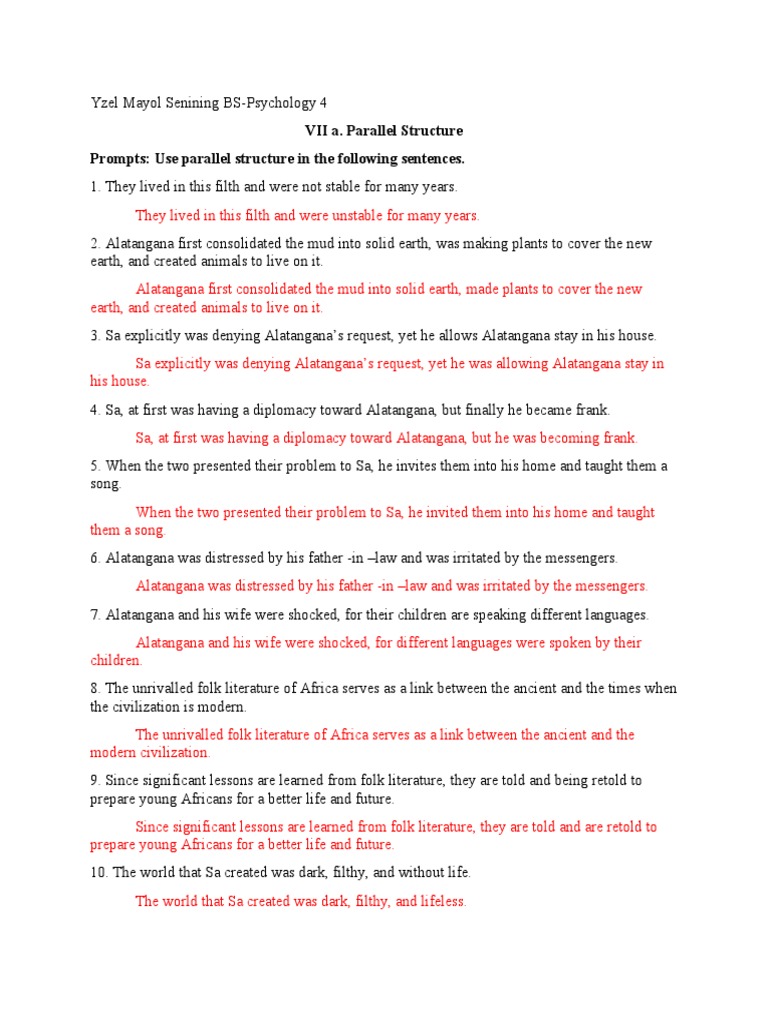 VII A. Parallel Structure Prompts: Use Parallel Structure in The ...