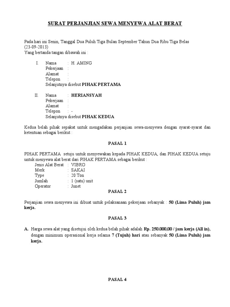 4-Download Contoh Surat Perjanjian Sewa Alat Berat | PDF