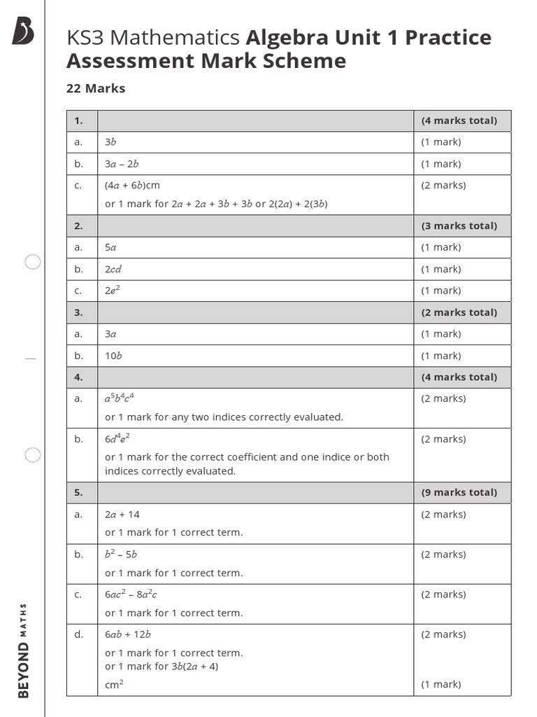 Algebra Unit 1 Practice Assessment - Mark Scheme | PDF