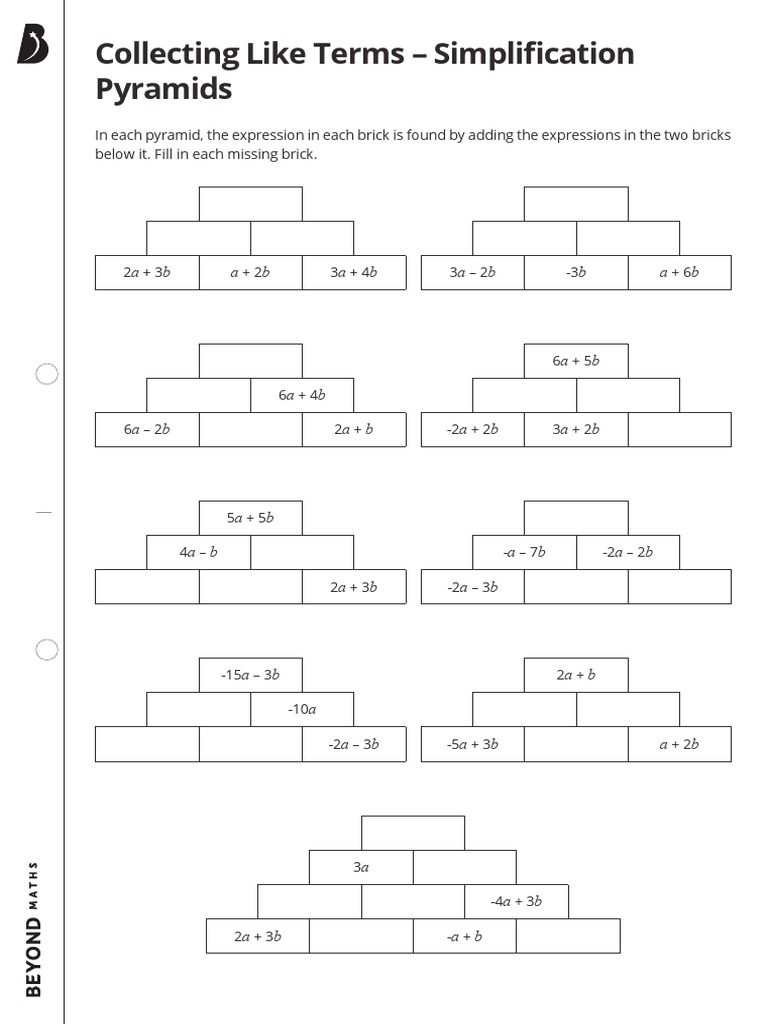 Collecting Like Terms Pyramid Worksheet | PDF