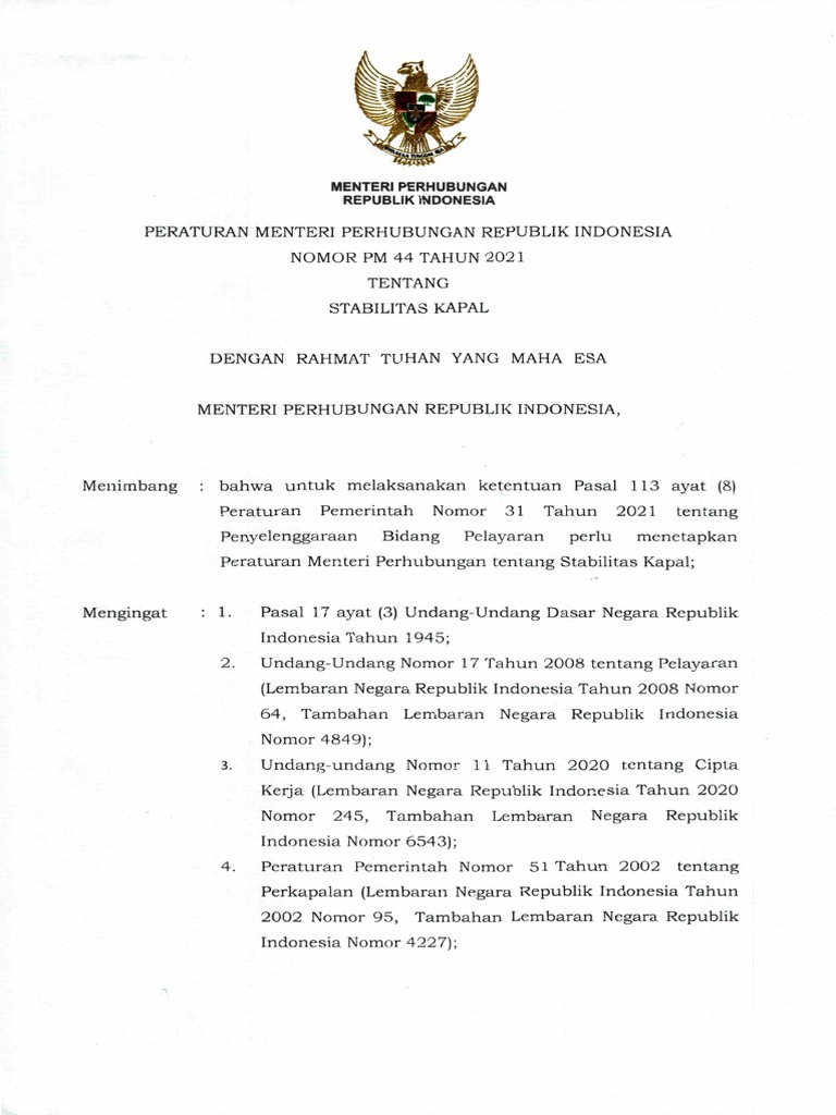 Peraturan PM 44 Tahun 2021 Stabilitas Kapal | PDF