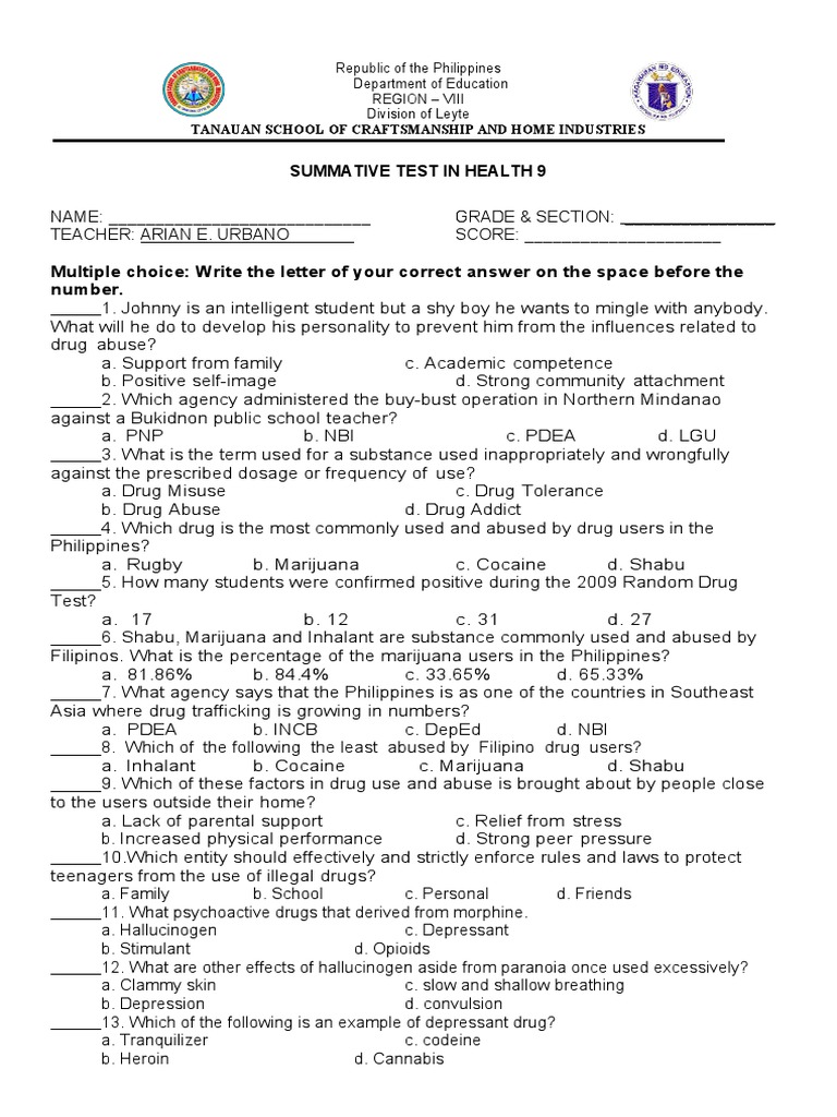 Summative Test in Health 9: Tanauan School of Craftsmanship and Home ...