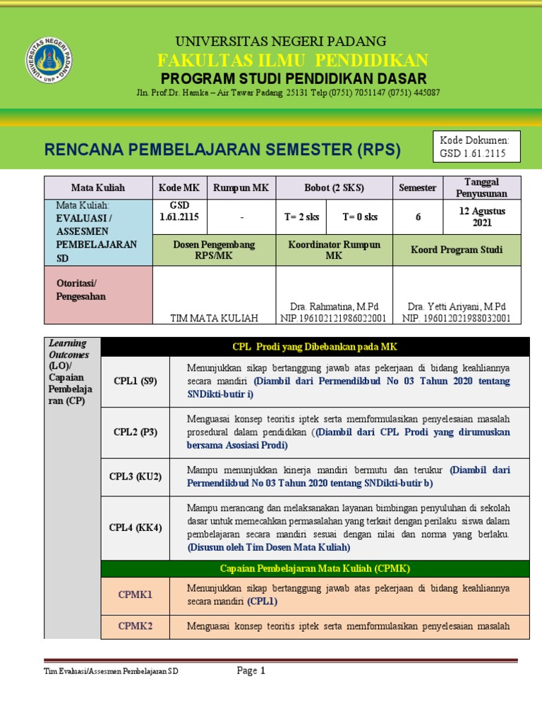 RPS Evaluasi Pembelajaran Di SD | PDF