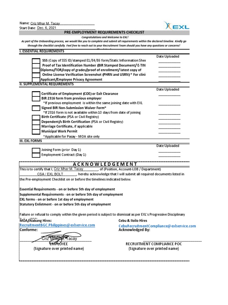 Acknowledgement: Pre-Employment Requirements Checklist | Download Free ...