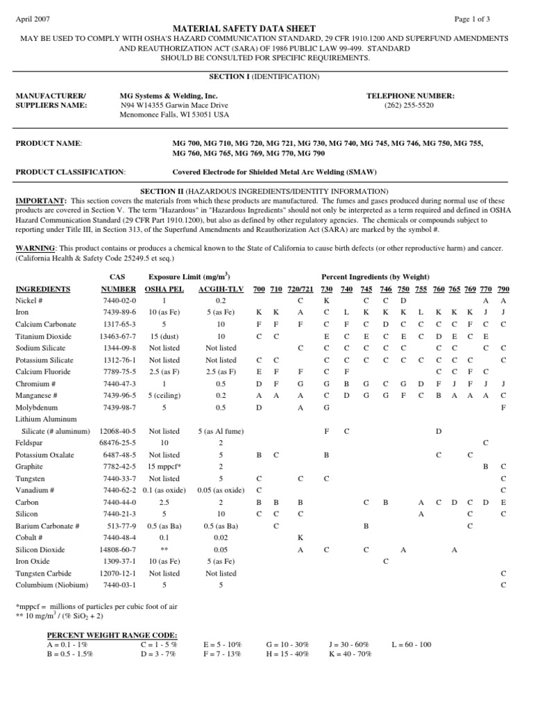 700 Series SMAW MG Msds 8-06 | PDF | Chromium | Welding