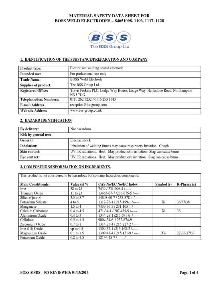 Material Safety Data Sheet For BOSS WELD ELECTRODES - 84651098. 1106 ...