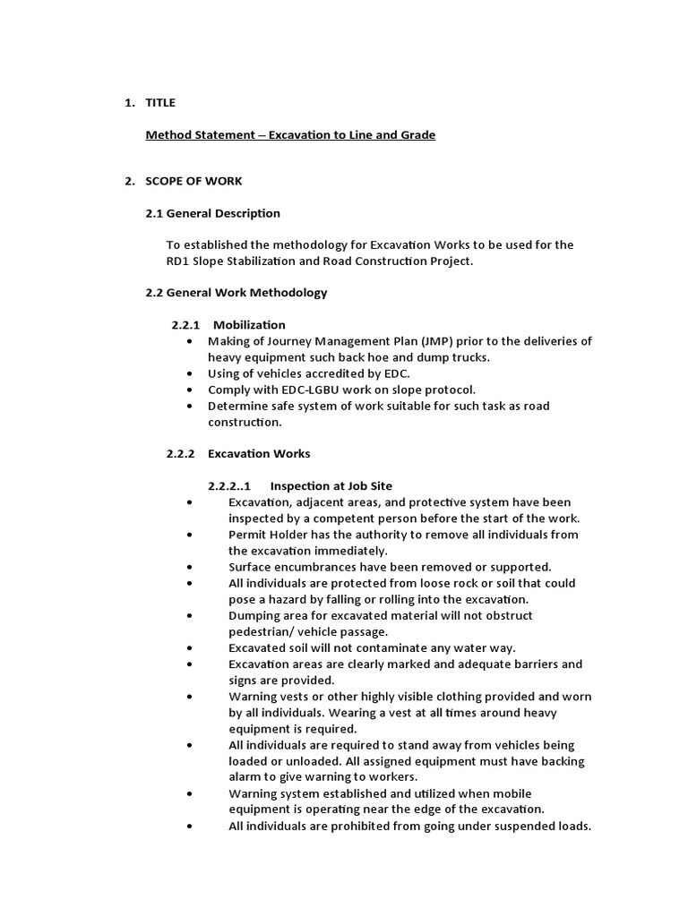 Method Statement Excavation Works Scribd | PDF | Trench | Safety