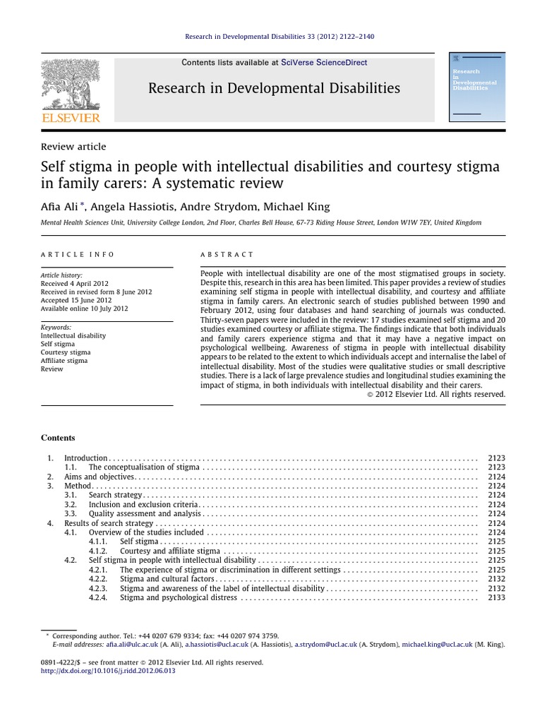 Self Stigma in People With Intellectual Disabilities and Courtesy ...
