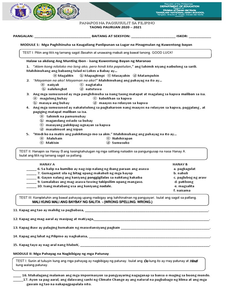 Panapos Na Pagtataya 2020 - 7 | PDF