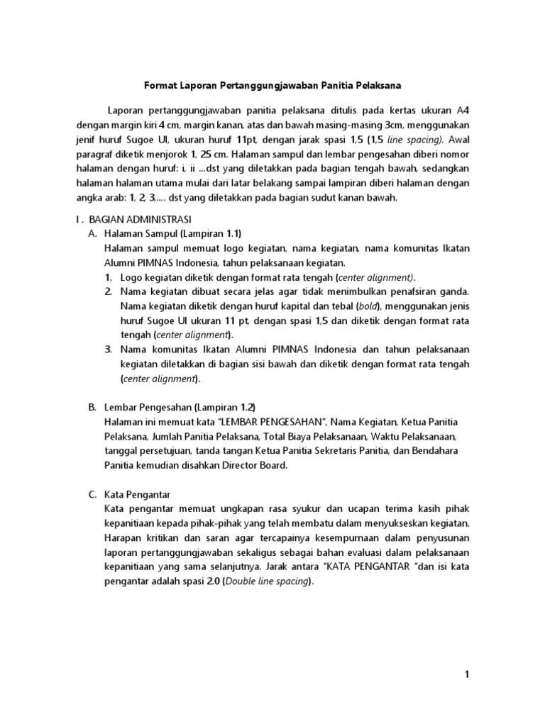 Format Laporan Pertanggungjawaban Panitia Pelaksana Lengkap | PDF