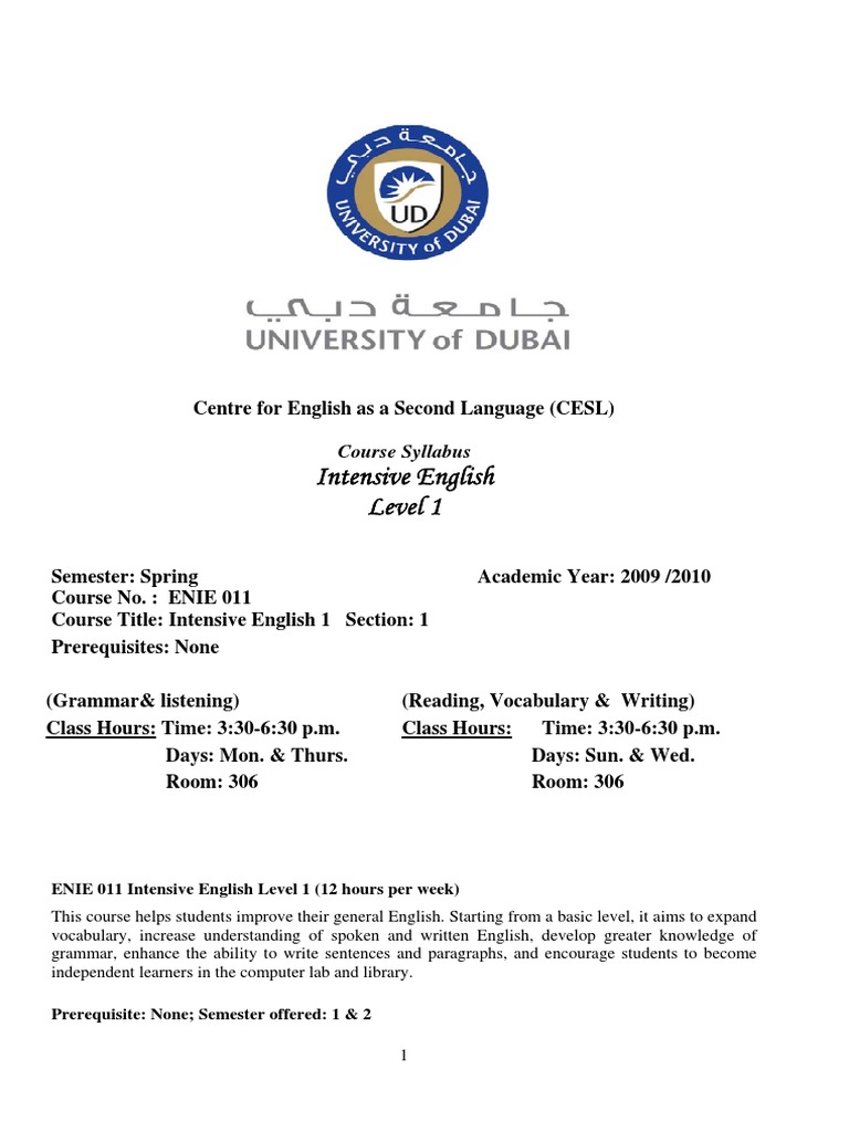 Intensive English Level 1: Course Syllabus | PDF | Test (Assessment ...