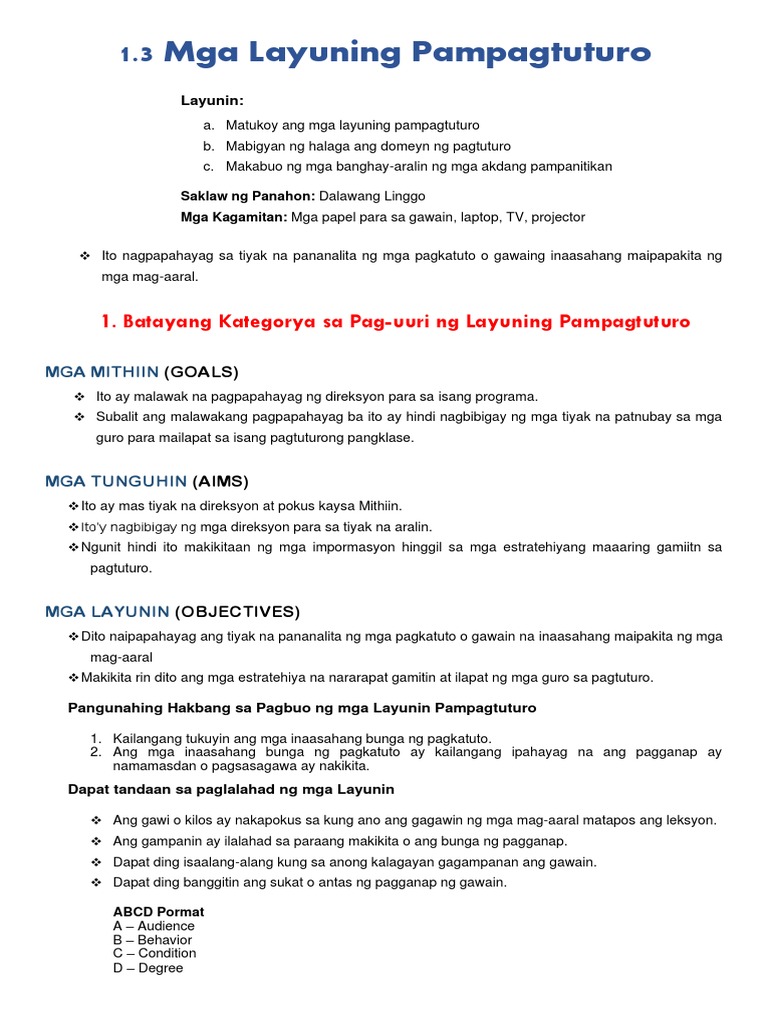 1.3 Mga Layuning Pampagtuturo: 1. Batayang Kategorya Sa Pag-Uuri NG Layuning Pampagtuturo | PDF