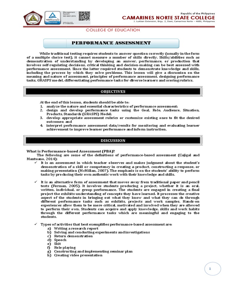 Lesson 5 What and Why of Performance Assessment | PDF | Educational ...