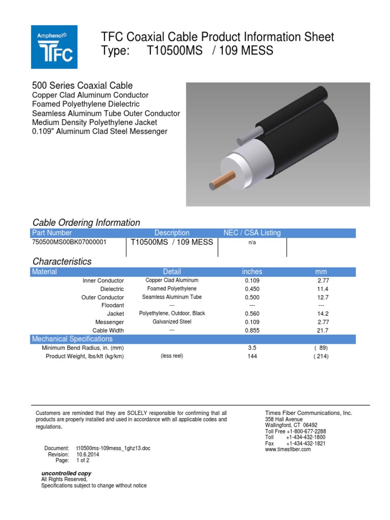 TFC Coaxial Cable Product Information Sheet Type: T10500MS / 109 MESS ...