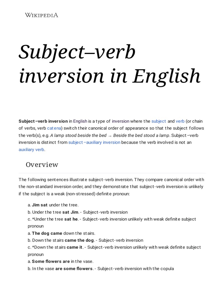 Subject-Verb Inversion in English - Wikipedia | PDF | Subject (Grammar ...