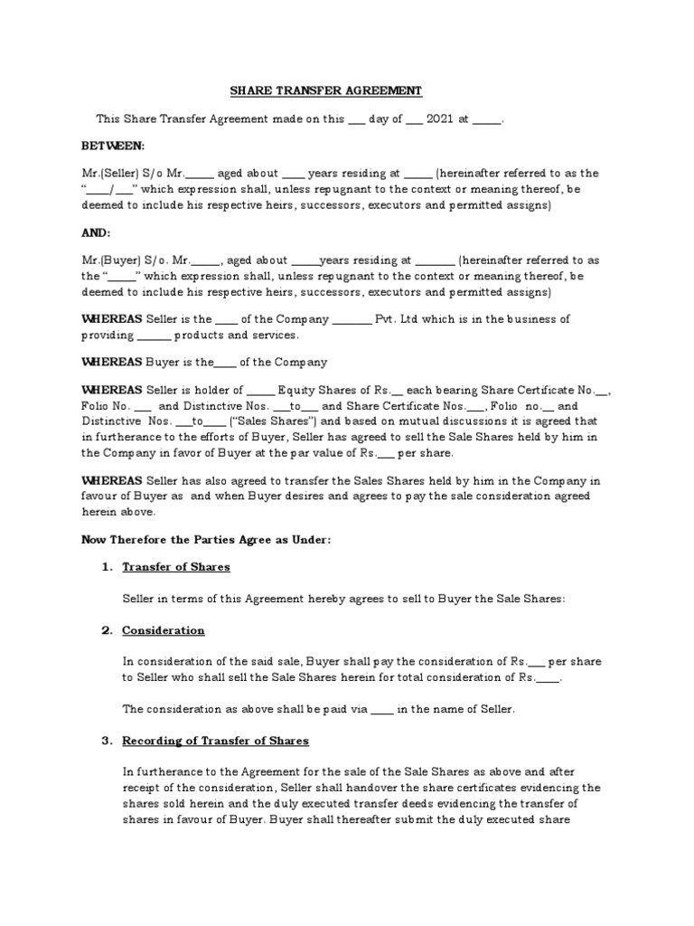 Share Transfer Agreement | PDF | Deed | Civil Law (Legal System)