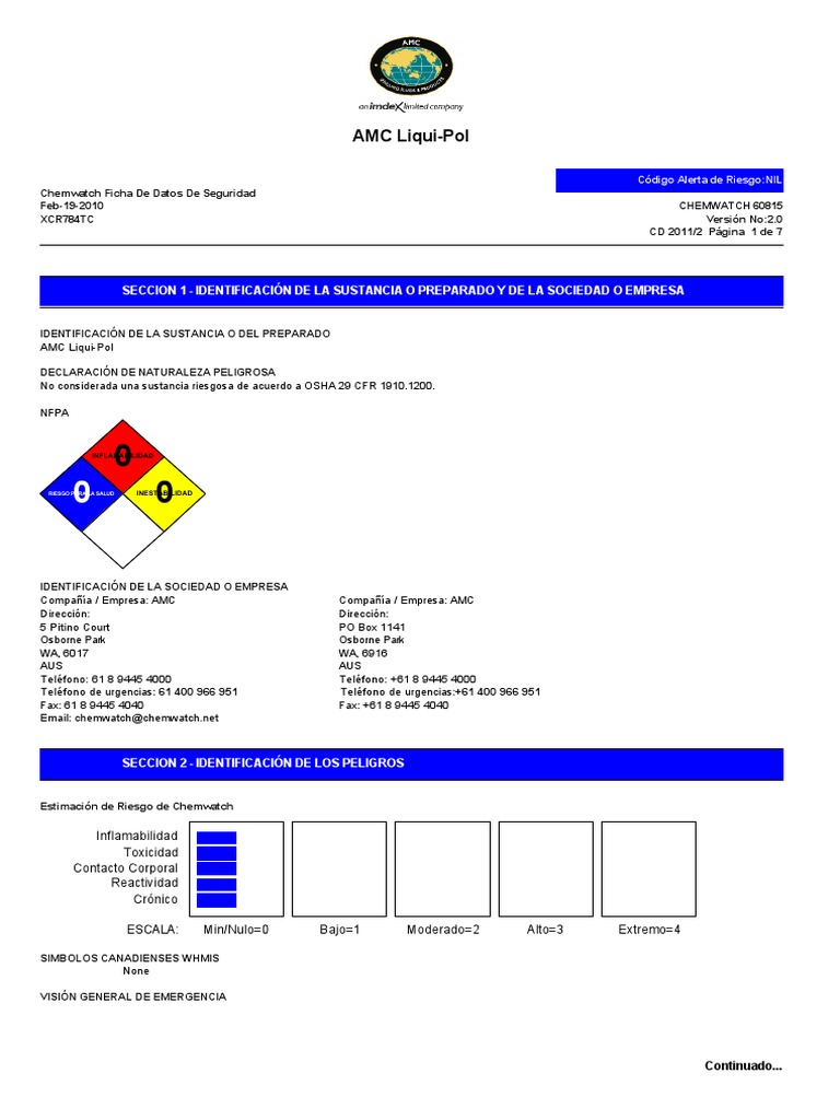 AMC MSDS Liqui Pol (Spanish) | PDF | Agua | Contaminación