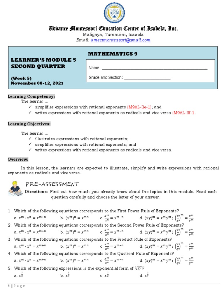 Module in Mathematics 9 Week 5 Second Quarter | PDF | Exponentiation ...