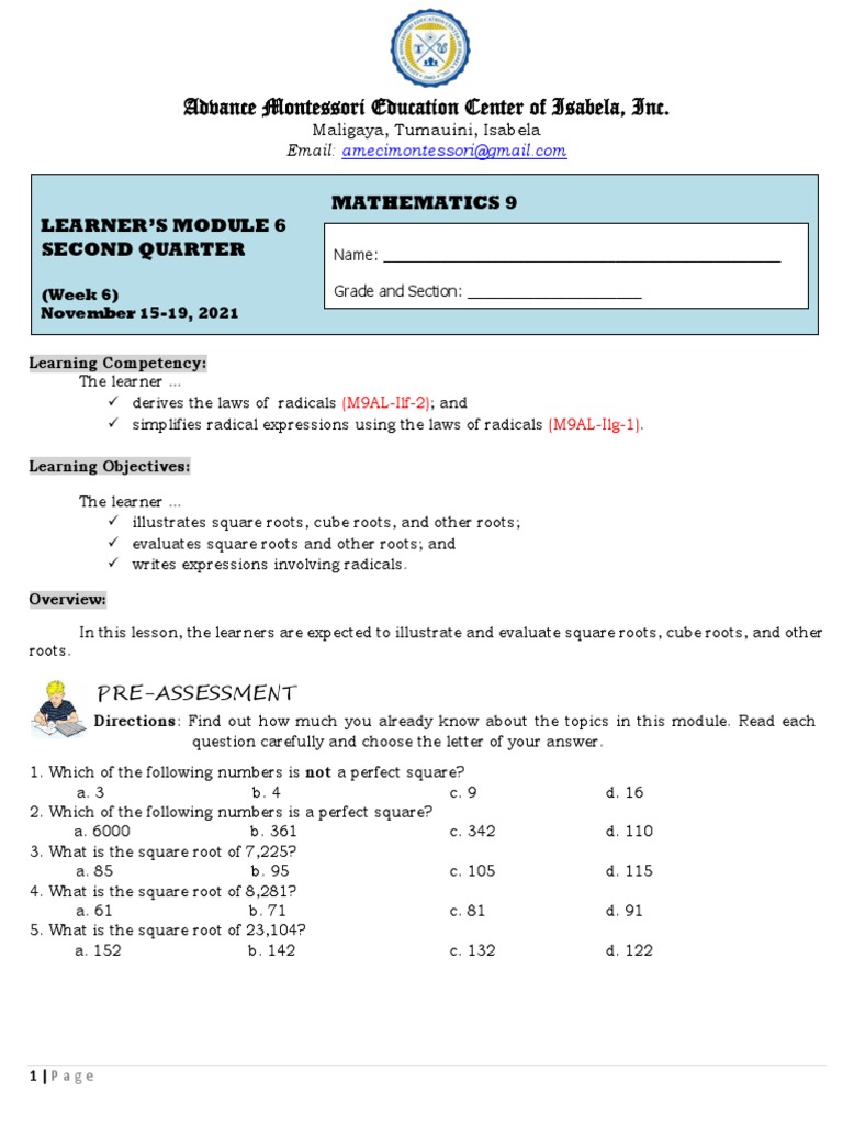 Module in Mathematics 9 Week 6 Second Quarter | PDF | Square Root | Numbers