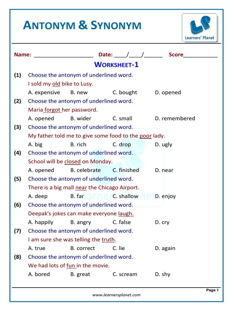 Antonyms Worksheets For Grade 5 Pdf Synonym Antonym Worksheets | TPT