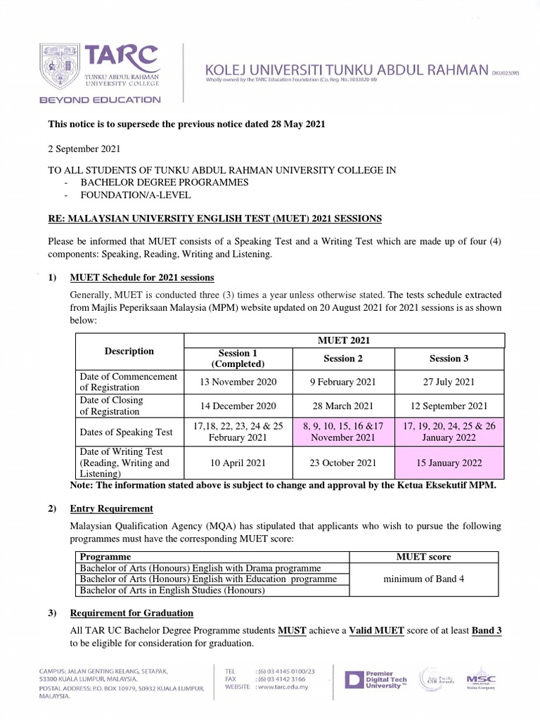 MUET 2021 Sessions (Revised Dates) | PDF | Qualifications | Educational ...