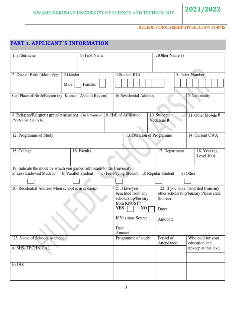 KNUST Hulede Scholarship Application Form Guide | PDF
