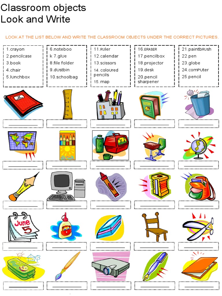Classroom Objects Supplies Vocabulary Matching Exercise Worksheet | PDF