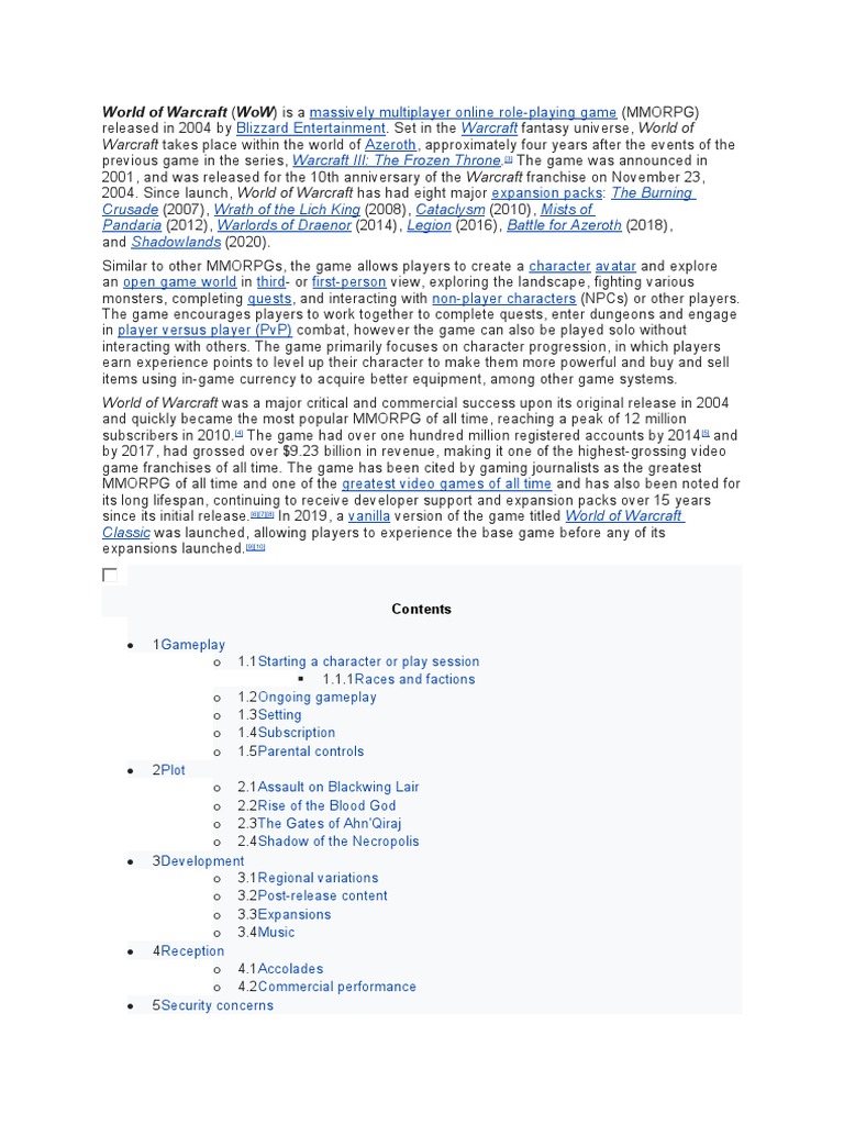 Warcraft Takes Place Within The World of | PDF | World Of Warcraft ...