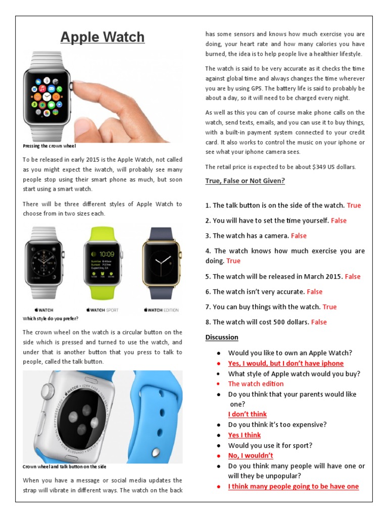 Apple Watch Reading Comprehension Exercises - 74318 | PDF | Apple Watch ...
