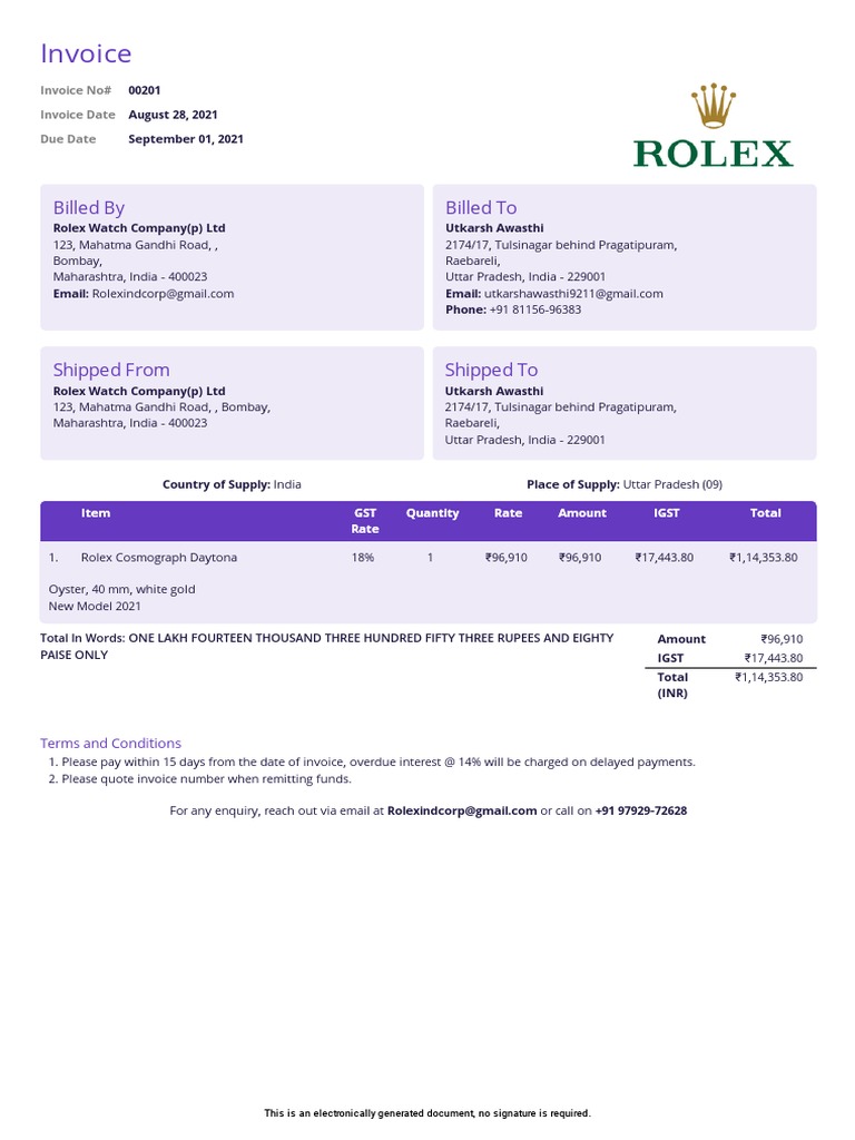 Invoice 00201 Rolex Watch Companyp LTD Utkarsh Awasthi | PDF | Economy ...
