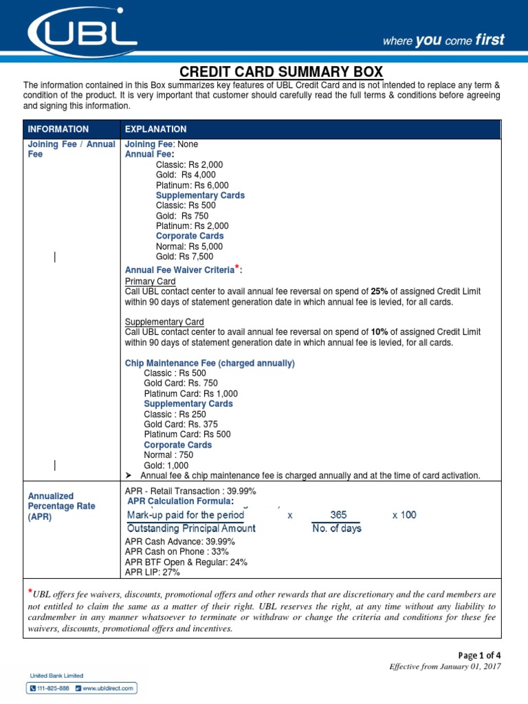 An Overview of Credit Card Features and Fees: UBL Credit Card Summary ...