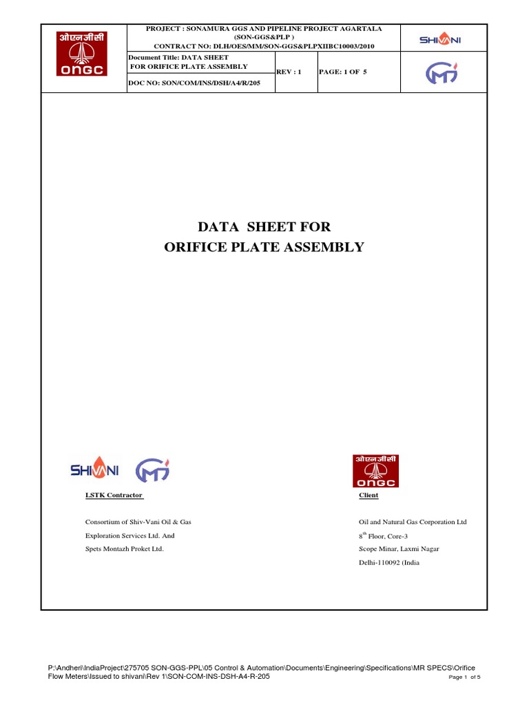 Data Sheet For Orifice Plate Assembly | PDF | Flow Measurement ...
