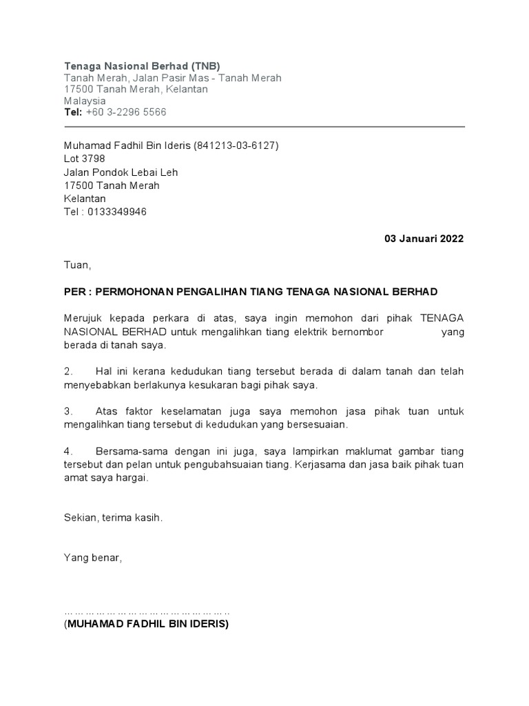 Contoh Surat Alih Tiang Elektrik TNB | PDF