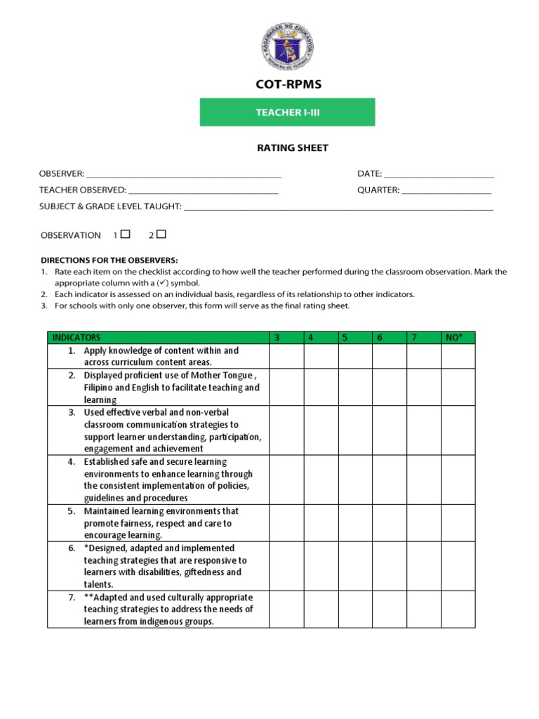 COT Rating Sheet For Proficient Teachers 2021 2022 | PDF