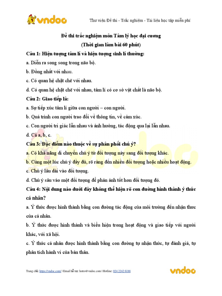 De Thi Trac Nghiem Mon Tam Ly Hoc Dai Cuong | PDF