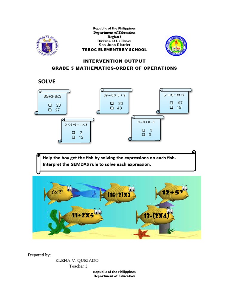 Solve: Intervention Output Grade 5 Mathematics-Order of Operations ...